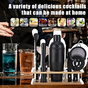 OBALY Bartender Kit 11-Piece Cocktail Shaker-Muddler for Cocktails 25oz Boston Shaker-Bar Accessories with Stylish Bamboo Stand Mix Drink Shaker kit Perfect Martini kit with Cocktail Recipes Booklet