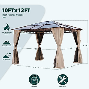 Grand patio 10x12 Hardtop Gazebo, Single Roof Pergolas Metal Aluminum Frame UV 50+ Outdoor Canopy with Mosquito Netting and Curtains, Outdoor Shelter for Garden, Lawn, Backyard