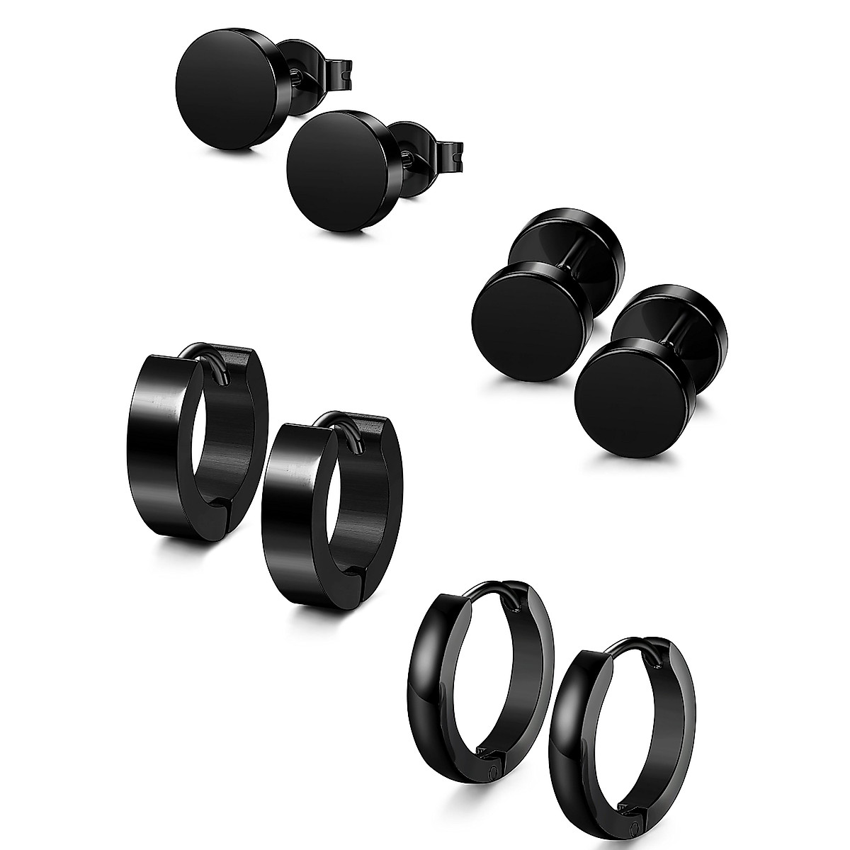 Jstyle 4 Pairs Hypoallergenic Black Stainless Steel Earrings For Sensitive Ears Simple Stud and Hoop Earrings Huggie Earring Set 18G