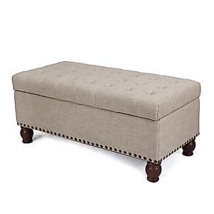 Adeco Rectangular Storage Ottoman Tufted Lift Top Bench Footstool with Sturdy Legs (Beige-2)