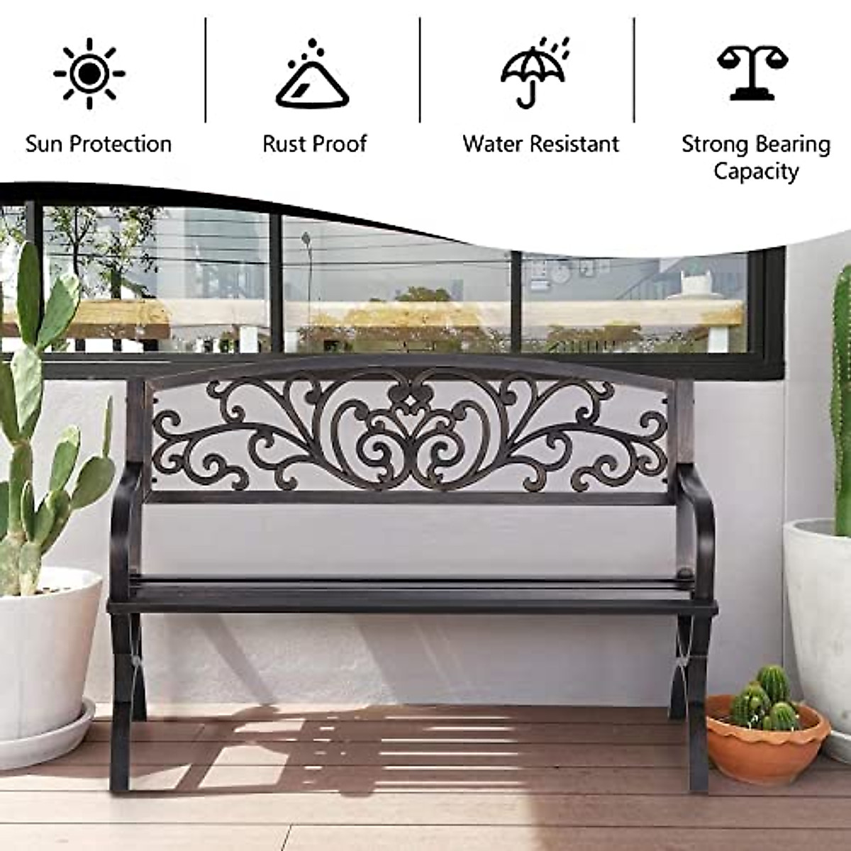 Sophia & William 50‘’ Outdoor Garden Bench Patio Park Bench, Cast Iron Metal Frame Furniture with Floral Design Backrest for Porch Yard Lawn Deck, Bronze