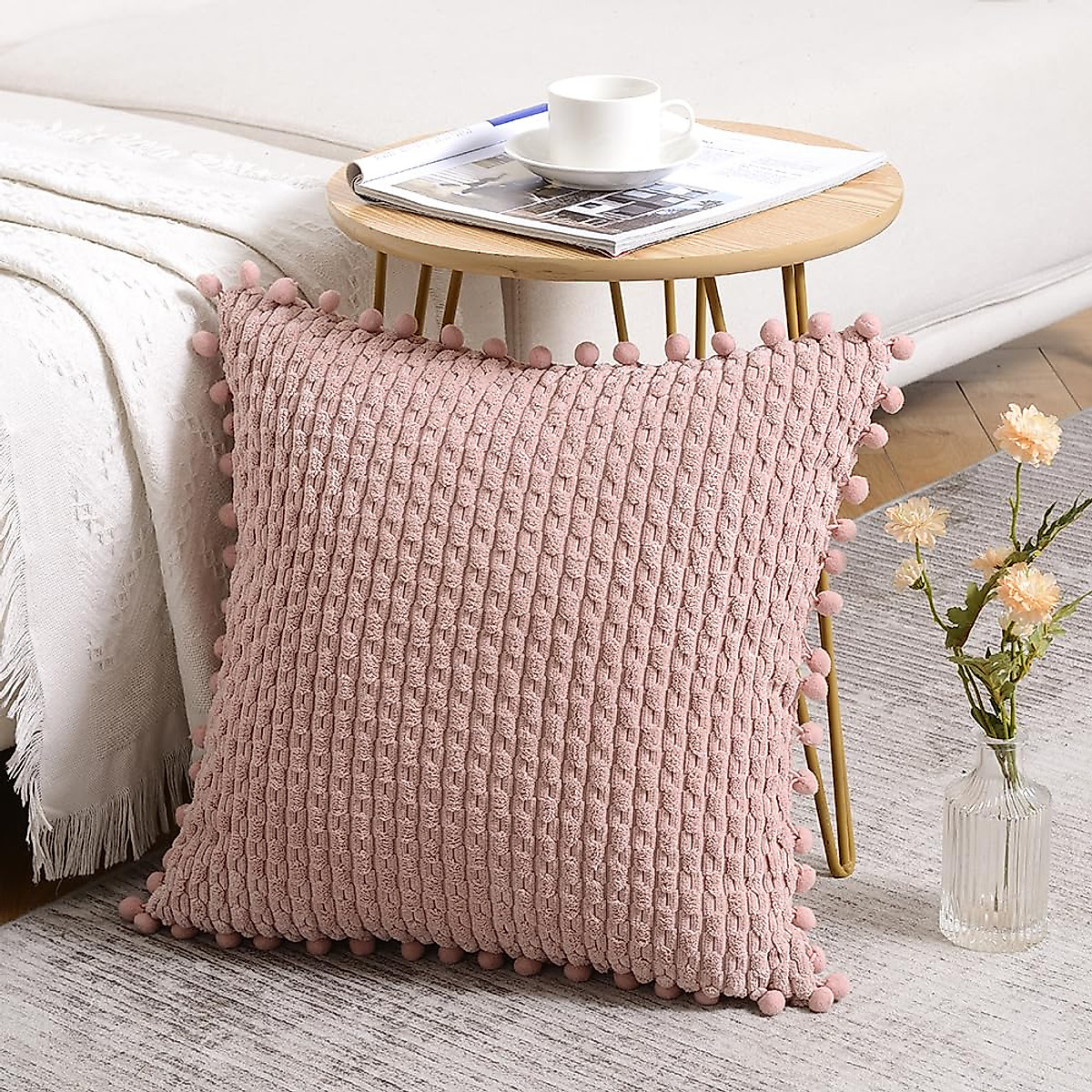 Fancy Homi 2 Packs Dusty Pink Decorative Throw Pillow Covers 18x18 Inch with Pom-poms for Couch Bedroom Living Room, Farmhouse Boho Home Decor, Soft Cute Plush Corduroy Blush Cushion Case 45x45 cm