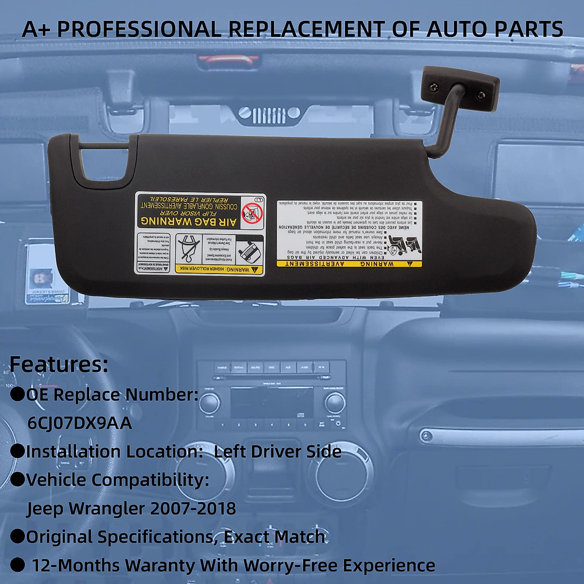 Dasbecan Black Left Driver Side Sun Visor Compatible with Jeep Wrangler JK 2007-2018 Replaces# 6CJ07DX9AA