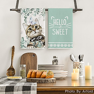 Artoid Mode Eucalyptus Leaves Cat Hello Sweet Kitchen Towels Dish Towels, 18x26 Inch Buffalo Plaid Bow Tie Holiday Decoration Hand Towels Set of 2