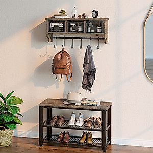 Rolanstar Wall Mounted Shelf with Hooks, Entryway Organizer Shelf with Storage Basket, Wall Mount Coat Rack with 6 Hooks, 24”Coffee Bar Hanging Shelf for Living Room,Bathroom,Kitchen,Grey