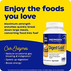 Enzymedica Digest Gold + ATPro, Maximum Strength Enzyme Formula, Prevents Bloating and Gas, 14 Key Enzymes Including Amylase, Protease, Lipase and Lactase, 240 Capsules