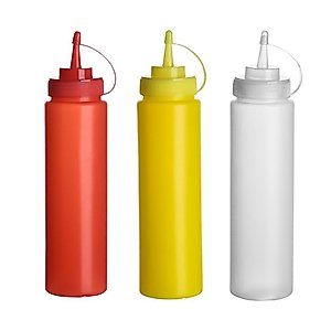 3PCS 12oz/360ML Empty Refillable Squeeze Sauce Condiment Bottles Food Grade Mustard Storage Container Jar Pot with Twist on Cap Lids for Ketchup Mayo Vinegar Cream Honey Salad Dressing(Color Random)