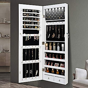 QUANYOU 6 LED Lights Lockable Full Mirror Full Screen Jewelry Organizer Wall Mounted/Door Mounted/Jewelry Cabinet Jewelry Armoire with Mirror/Full Length Mirror Hanging Mirror 7025 (White)