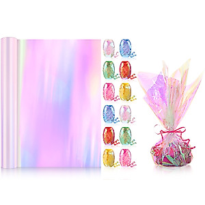 31.5 Inch x 50 Ft Iridescent Film Cellophane Roll Rainbow Holographic Cellophane Wrap Paper with 10 Rolls Colorful Metallic Curling Balloon Ribbon for Flower Gift Candy Handicraft Crafts