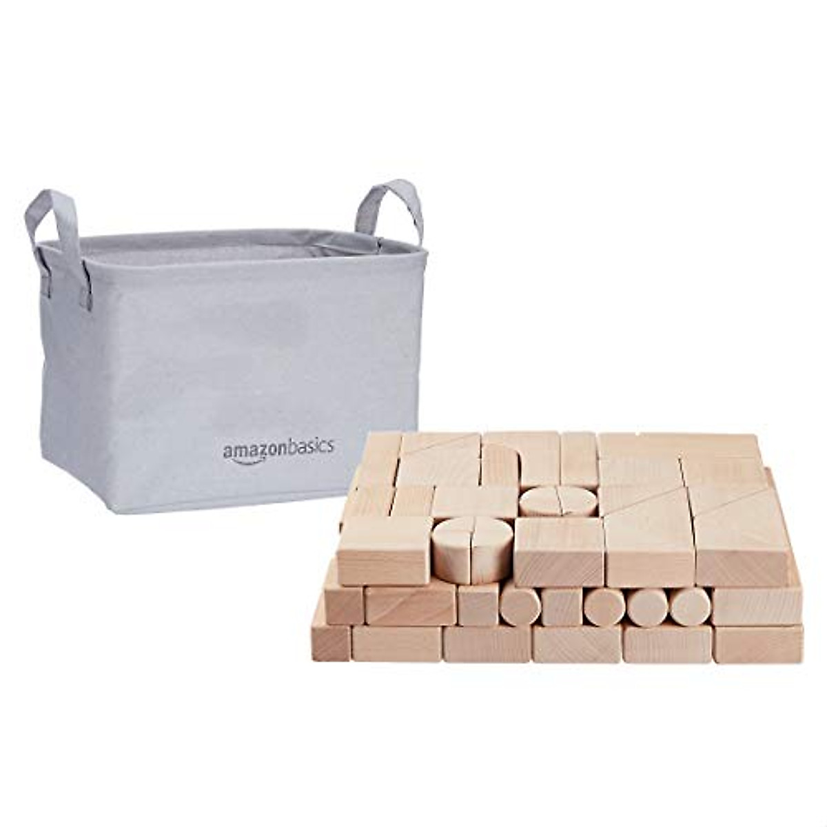 Amazon Basics Solid Wood Standard Unit Building Blocks with Carry Bag - Set of 70, Natural