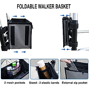 MDSTOP Walker Basket, Walker Bag Water Cup Holder, Foldable Walker Attachment Hands-Free Storage Bag for Elderly, Senior, Large Capacity with Zippered Phone Pocket (Not Fit Rollator Walkers) (Grey)
