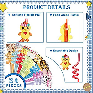 BravOne 24 PCS Farm Animal Plastic Straws, Reusable Colorful Drinking Straws with Chicken Rabbit Sheep Horse Cow Pig Lion Giraffe Pattern for Birthday Party Supplies 2 Cleaning Brushes (Farm Animal)
