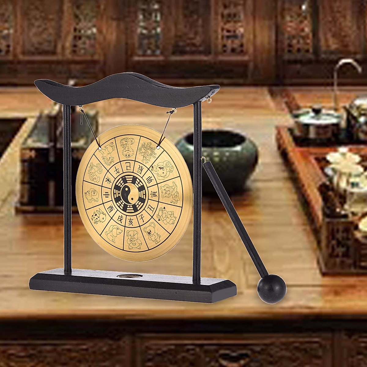 Xiaoling Zen Chinese Table Gong - Zen Art Brass Feng Shui Desktop Gong, Mini Percussion Desk Gong with Mallet, Wind Chime Percussion Instruments, for Home Decor Housewarming Gift