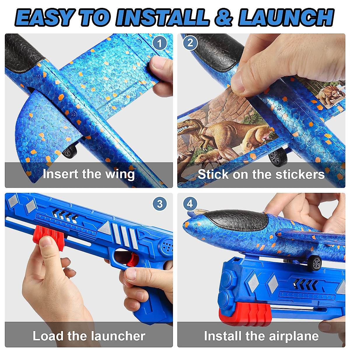 Elctbras 3 Pack Airplane Launcher Toy, Foam Glider Planes for Kids with 2 Flight Mode, Catapult Plane Toys with 3 DIY Stickers, Outdoor Sport Flying Toys for 4 5 6 7 8 9 10 Year Old