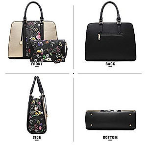 Dasein Women Handbag and Purse Two-tone Satchel Bag Top Handle Work Tote Padlock Shoulder Bag Three Compartments(Gold and black flower)