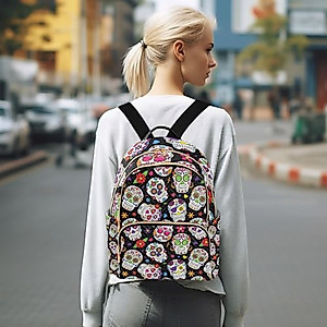 Yasala Halloween Women Backpack Sugar Skull Floral Heart Travel Bag Compact Daily Bag Diaper Bag