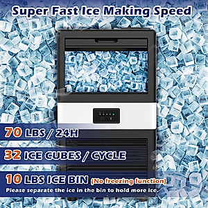 Commercial Ice Maker Machine, 70 LBS/24H Under Counter Large Ice Machine w/ 10 LBS Capacity Ice Storage Bin, 2 Water Inlet Modes, Freestanding & Built in Ice Maker for Bar/Home/Office/Shop, White