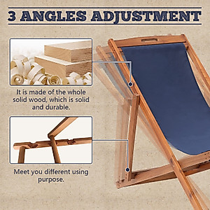 Patio Lounge Chair Outdoor Beach Chair Set of 2, Beach Sling Chair Patio Sling Chairs Set of 2, Wooden Folding Outdoor Chairs for Outside, 3 Level Height Adjustable, Portable Reclining Beach Chair