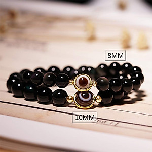 L&C Feng Shui Black Obsidian Wealth Bracelet - 8MM 10MM Women Mens Bracelets Natural Black Obsidian Crystal Evil Eye Agate Bring Luck Prosperity Elastic Stretch Beaded Bracelet for Woman Men (8MM)