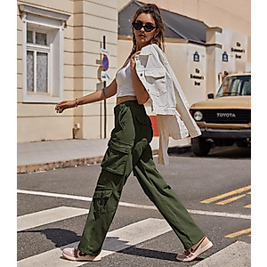 ZMPSIISA Women Pants High Waisted Cargo Pants Combat Military Wide Leg Casual Trousers 8 Pockets(Green,X-Large)