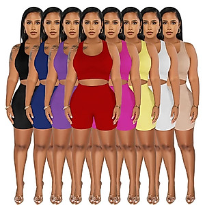 Adogirl Women Workout Set Ribbed 2 Piece Outfits Athletic Gym Sport Yoga Running U Neck Crop Racerback Tank Tops Shorts White XL