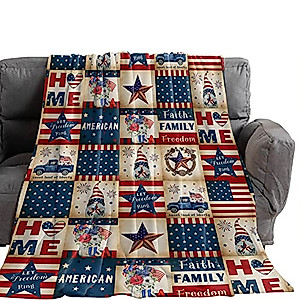 Patriotic Gnome Blanket USA Flag Throw Blankets Retro Plaid Soft Flannel Fleece Comfort Blanket, Check American Theme 4th of July Cozy Warm Bed Cover for Sofa Couch Chair 40x50In