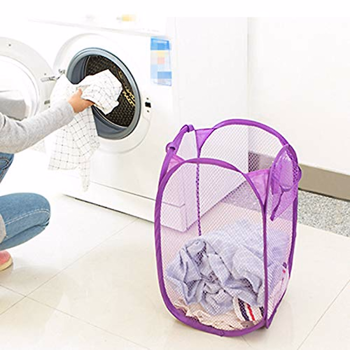 Portable Small Mesh Laundry Hamper Foldable Nursery Storage Basket for Baby Clothes Kids Toy Pop Up Camper Hampers Purple