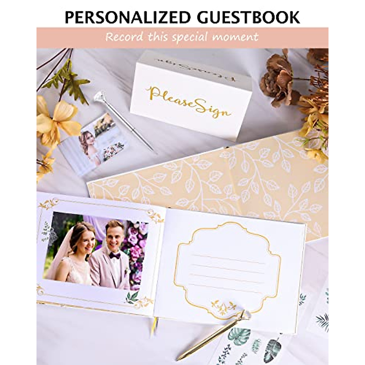 Wedding Guest Book - Guest Book Wedding Reception with Pens - 9x7'' Personalized Wedding Guestbook Photo Album Sign in Book - Gold Foil Hardcover & Gilded Edges, for Weddings, Baby Shower, Party