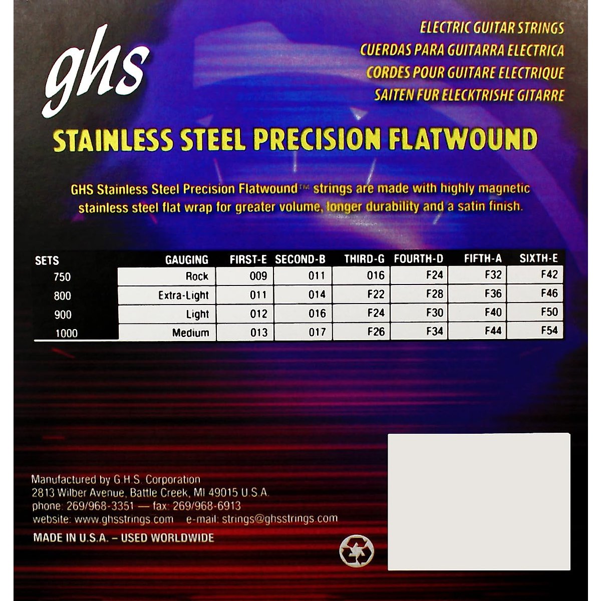 GHS Strings - Precision Flatwound Guitar Strings - (Model 1000) - Medium Gauge (013-054)