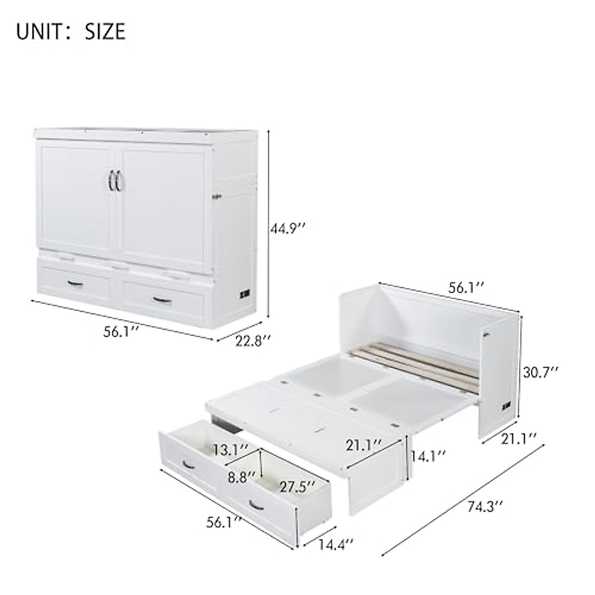 WADRI Full Size Murphy Bed with USB Port and a Large Drawer, Wood Mobile Murphy Chest Bed, Muti-Functional Cabinet Bed for Home Office or Small Room (White-Full-32)