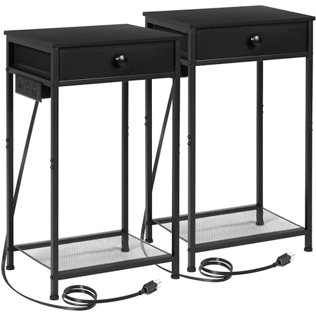 AMHANCIBLE Tall Night Stand, Nightstands Set of 2 with Charging Station, End Side Tables with Fabric Drawer and Shelf, Telephone Table for Living Room, Small Spaces, Black HETT03BK