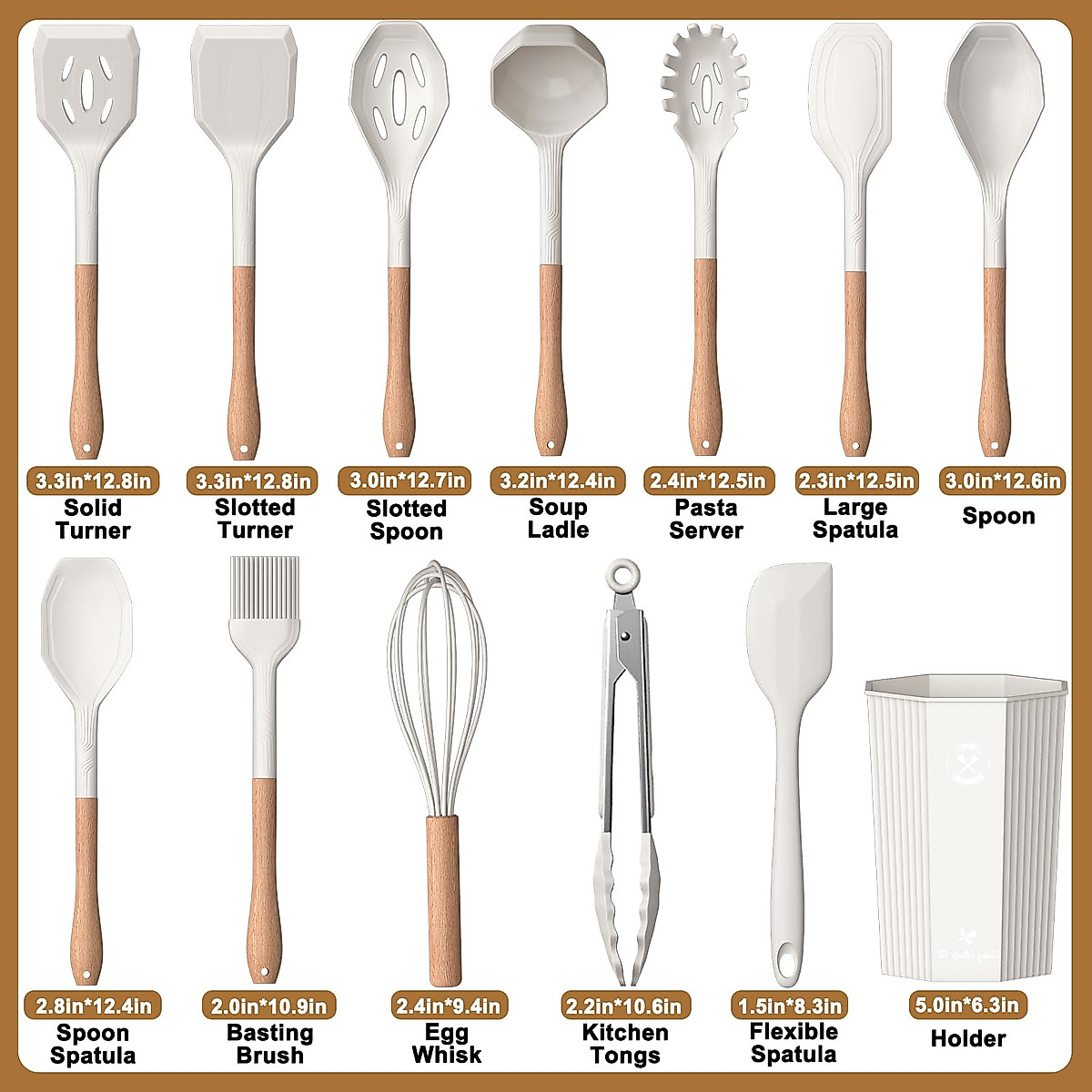 Kitchen Utensils Set- 13 Pcs Cooking Utensils with Tongs, Spoon Spatula &Turner Made of Heat Resistant Food Grade Silicone and Wooden Handles Kitchen Gadgets Tools Set for Nonstick Cookware (White)