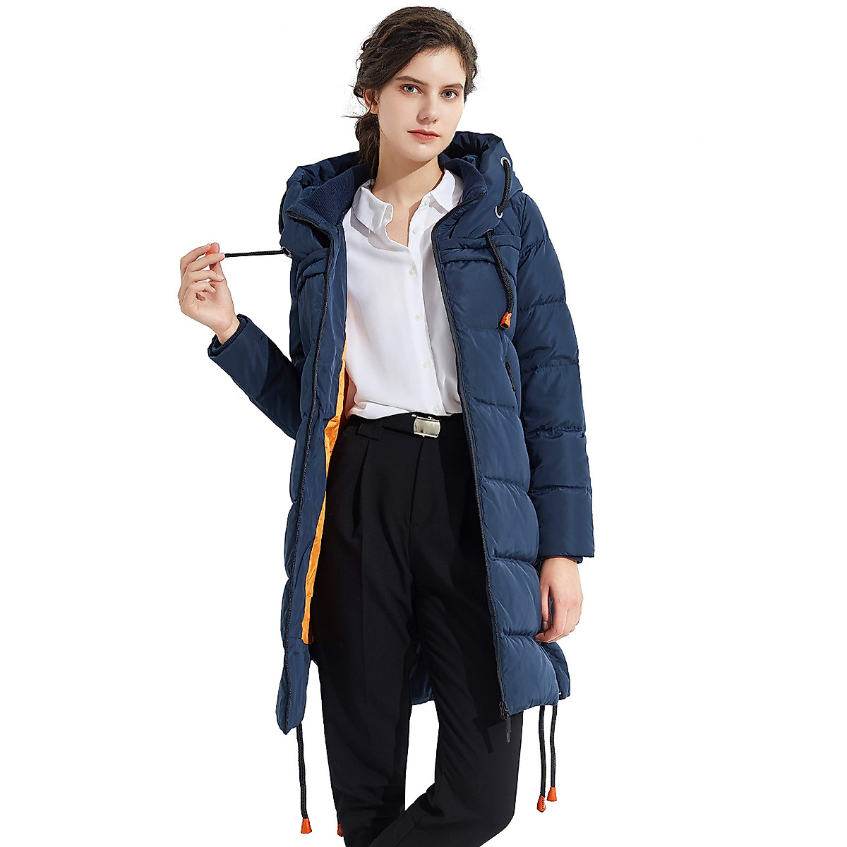 Orolay Women's Thickened Winter Down Coat Drawstring Hooded Puffer Jacket Navy L