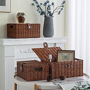 Homepeaz Set of 3 Woven Wicker Storage Basket Box with Lid & Lock, Built-in Carry Handles, Multifunctional Storage Organiser for Nursery, Baby, Clothes, Toys, Books, Large/Medium/Small Size (Natural)