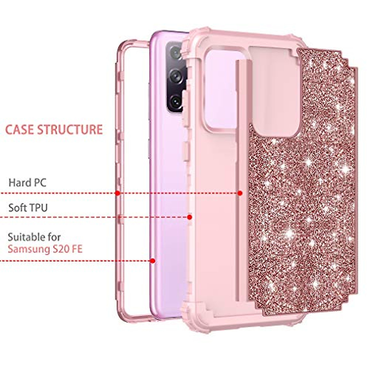 LONTECT Compatible with Galaxy S20 FE 5G Case Glitter Sparkly Bling Shockproof Heavy Duty Hybrid Sturdy High Impact Protective Cover Case for Samsung Galaxy S20 FE 5G 6.5 inch 2020, Shiny Rose Gold