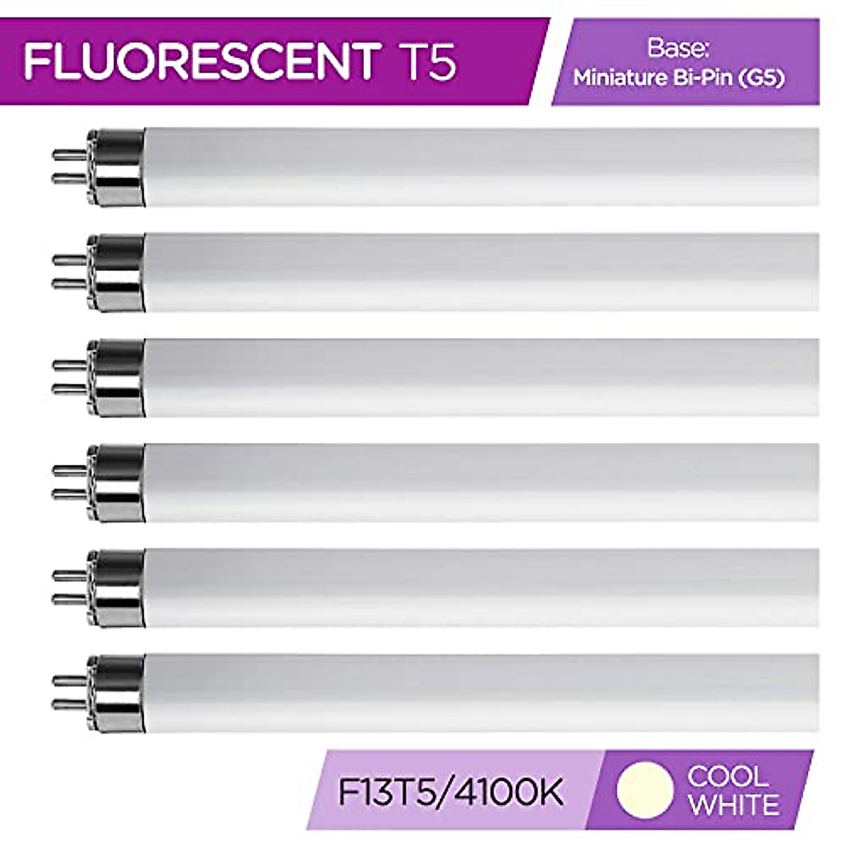 F13T5CW – T5 21 Inch Under Counter Fluorescent Bulbs Cool White 4100K 13-Watt F13T5/CW 21” CW Long Life Replacement Tubes for Under Cabinet Lights – Pack of 6 Bulbs