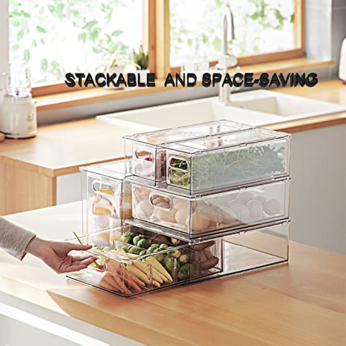 Abiudeng 2 Pack Stackable Refrigerator Organizer Bins with Pull-out Drawer, Drawable Clear Fridge Drawer Organizer with Handle, Plastic Kitchen Pantry Storage Containers