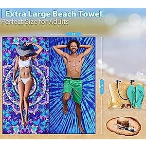 2 Pack Lightweight Thin Beach Towel Oversized 71"x32" Big Extra Large Microfiber Sand Free Towels for Adult Quick Dry Travel Camping Beach Accessories Vacation Essential Gift Tie Dye Purple Mandala