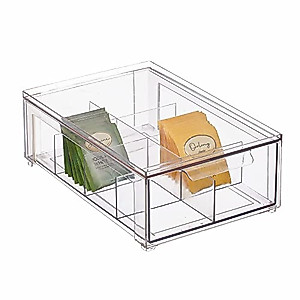 mDesign Plastic Kitchen and Pantry Organizer with Divided Drawer - Stackable Bin with 8 Sections for Tea and Snack Food - Perfect for Organizing Cabinet, Fridge - Lumiere Collection - Clear