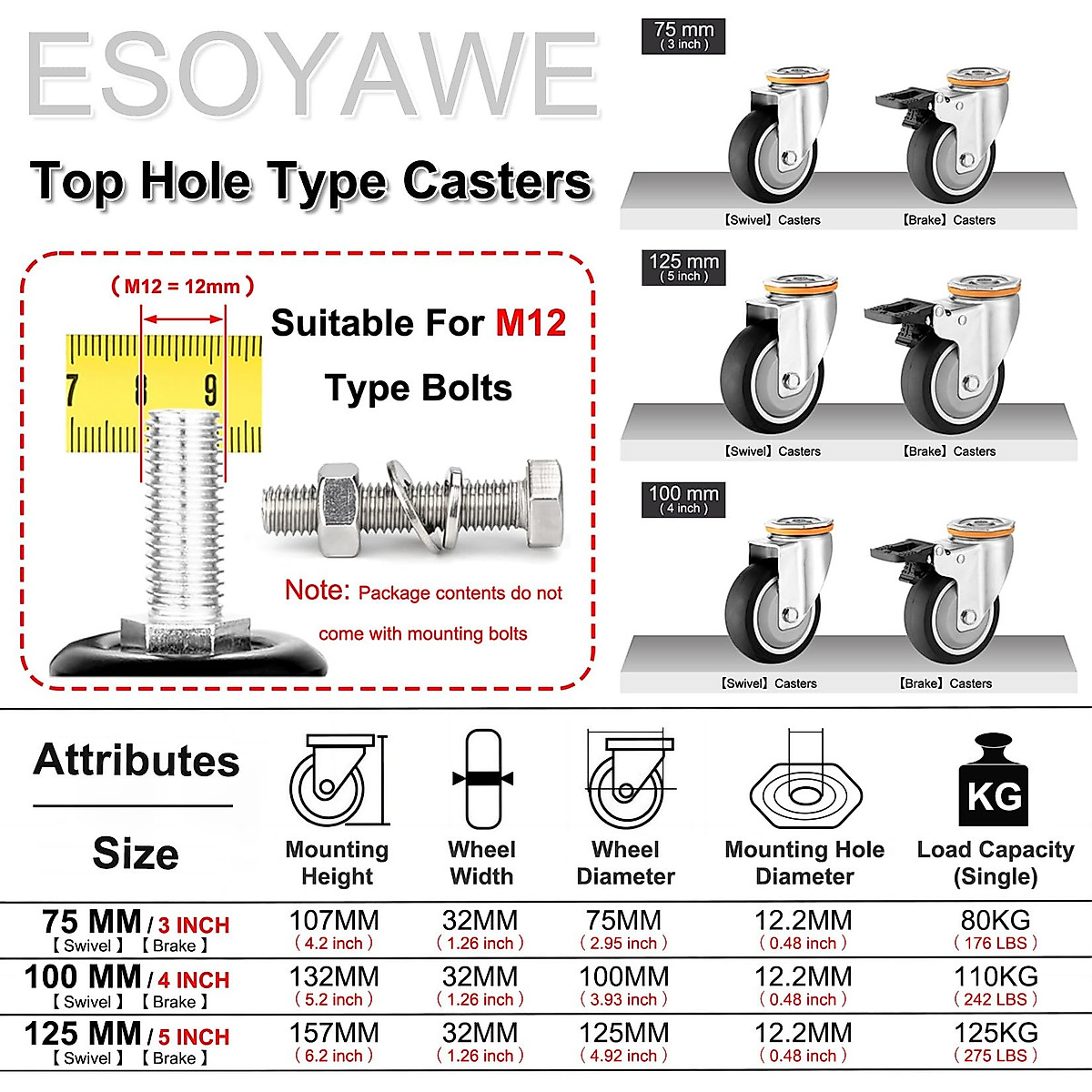 3inch 4inch 5inch TPR Thermoplastic Rubber Swivel Caster Wheel Set of 4, Dual Locking No Noise Casters with Brakes, Furniture Trolley Workbench Replacement Caster