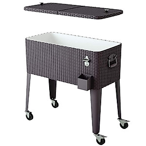 Giantex 80 Quart Rattan Rolling Cooler Cart Outdoor Patio Portable Party Drink Beverage Bar Cold Beach Chest Cart on Wheels, Brown Wicker, 32.7''(L) X18.9''(W) X43.3''(H)
