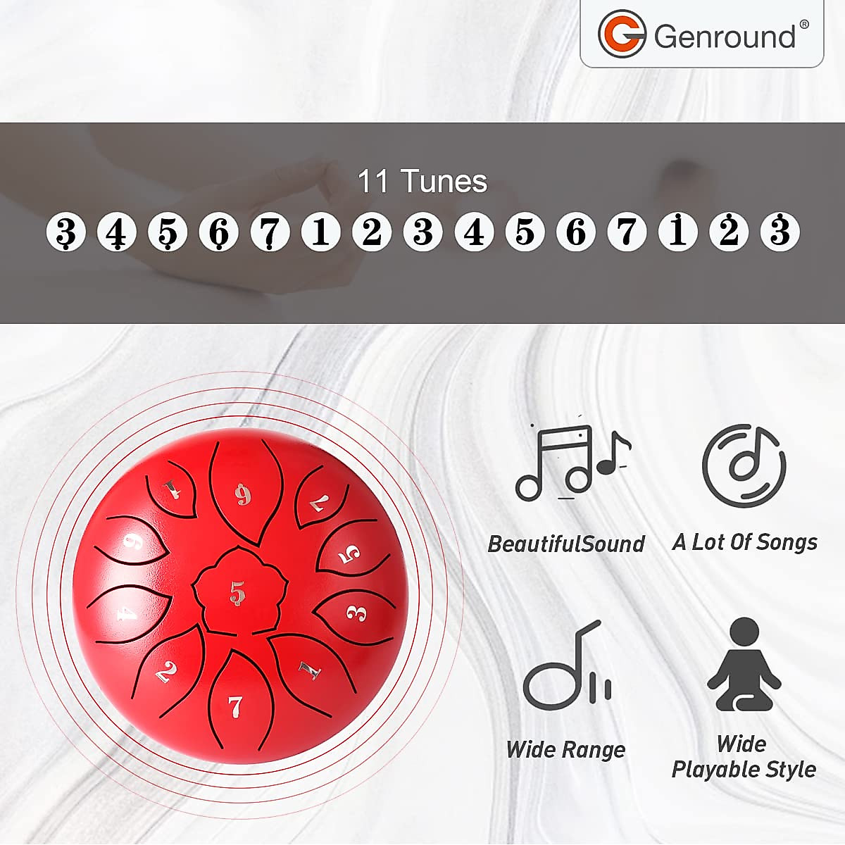 Genround Steel Tongue Drum, 6 inch 11 Notes Handpan Drums with Bag, Music Score, Stickers, Mallets & Finger sleeve, Percussion Instrument for Meditation Entertainment Musical Education Concert Yoga