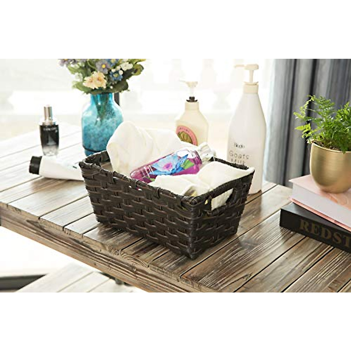 Black Plastic Wicker Shelf Basket Organizer, Set of 3