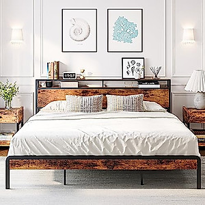 LIKIMIO King Size Bed Frame, Platform Bed with 2-Tier Storage Headboard, Solid and Stable, Noise Free, No Box Spring Needed, Easy Assembly, Vintage Brown