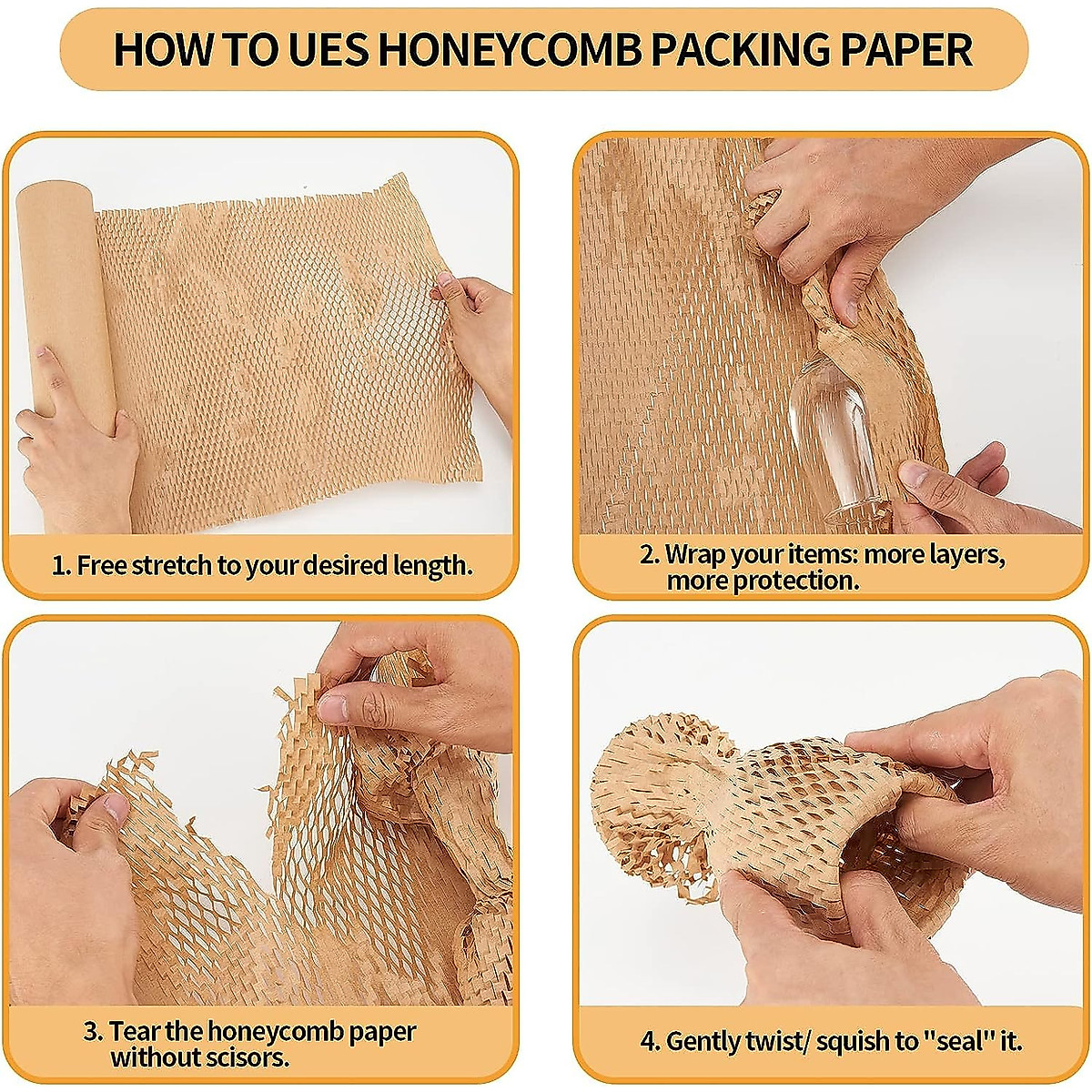 Honeycomb Packing Paper, 15"x200' Honeycomb Cushioning Bubble Wrap Paper Roll for Moving Shipping Breakables Packaging Gifts with 20 Fragile Sticker Biodegradable & Fully Recyclable Brown Kraft