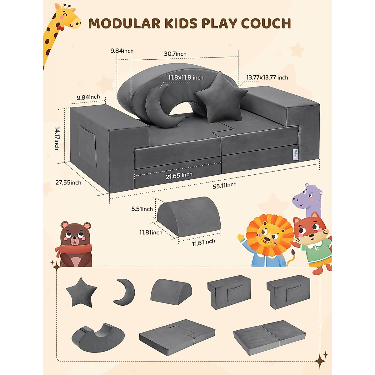 Modular Kids Play Couch, Kidirect K12 PRO DIY 400+ Creative Kids Couch for Playroom, Upgraded Play Couch Convertible Rocking Horse, Sectional Kids Sofa Couch with Star Moon for Kids and Toddlers(Grey)