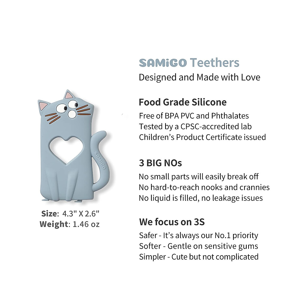 SAMiGO Baby Teething Toys Silicone Teether for Babies 0-6 and 6-12 Months Baby Chew Toys for Infant Boys and Girls - Blue Cat