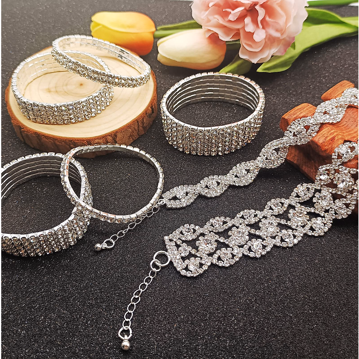 Jewdreamer 7PCS Rhinestone Bracelets for Women Cubic Zirconia Tennis Stretch Bracelet Bangle Bling Bikini Crystal Bracelet Sliver Sparkly Bridal Wedding Jewelry Bracelet Set