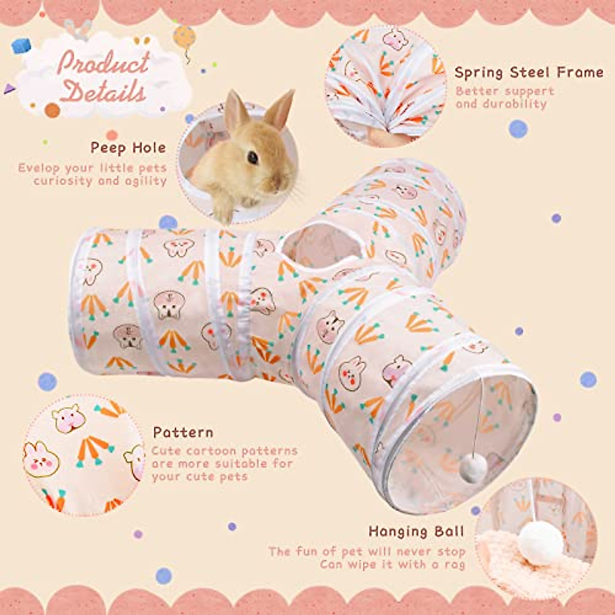 YUEPET Bunny Tunnels 3 Way Play Tubes Collapsible Rabbits Toys Small Animal Hideout for Rabbits Bunny Guinea Pigs Chinchilla Sugar Glider