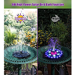SZMP Solar Fountain 4W Bird Bath Fountains 2024 Upgraded 60LED Lights, Solar Powered Fountain Pump Built-in 4000 Battery with 7 Nozzle & 4 Fixer, Solar Water Fountain for Garden, Bird Bath, Pool, Pond